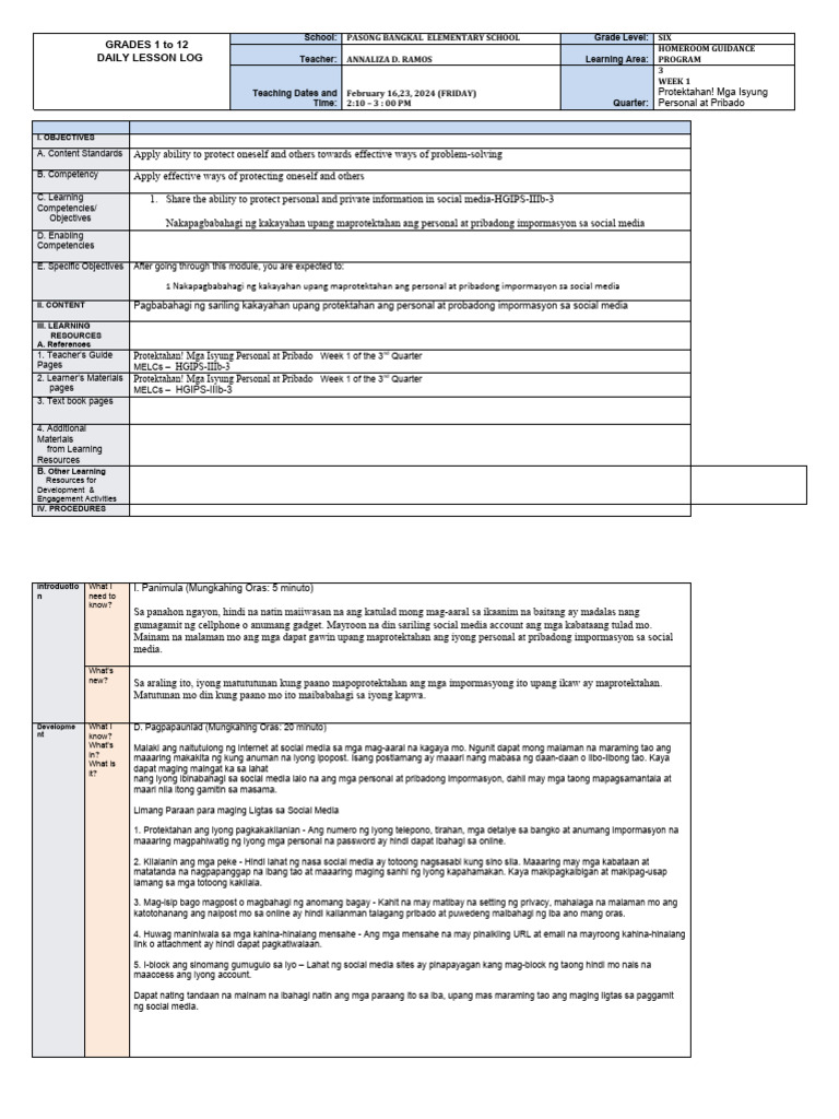 PBES DLL HGP Quarter 3 Gr.6 Protektahan Mga Isyung Personal at Pribado WEEK 1 | PDF