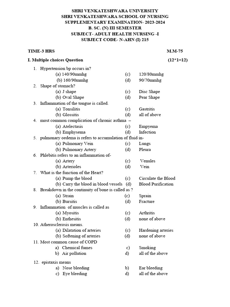 Adult Health Nursing-I Suplli | PDF | Lung | Artery