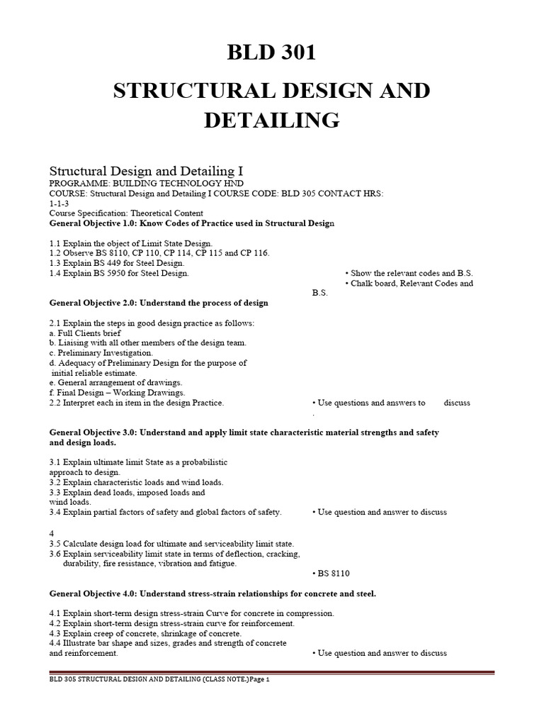 BLD 305 Design and Detailing | PDF | Strength Of Materials | Structural ...