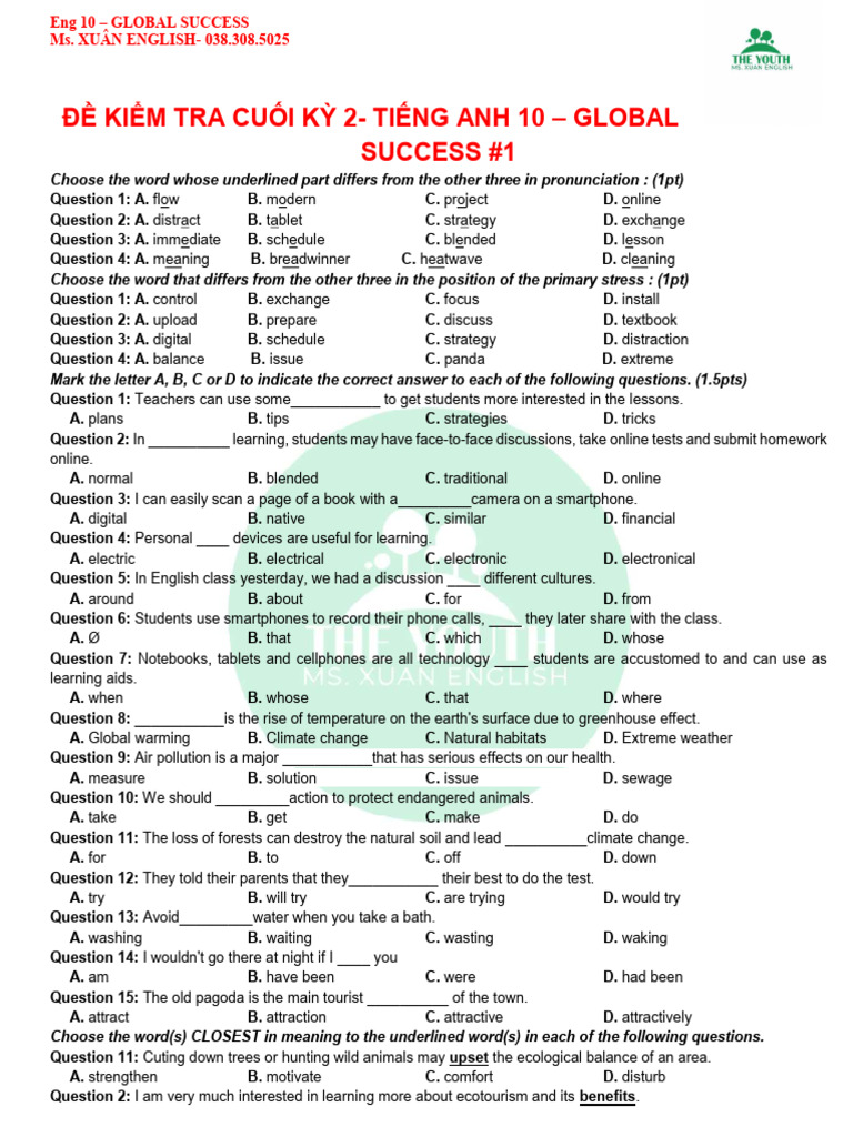 ĐỀ THI CUỐI KỲ 2 LỚP 10 GLOBAL SUCCESS1 | PDF