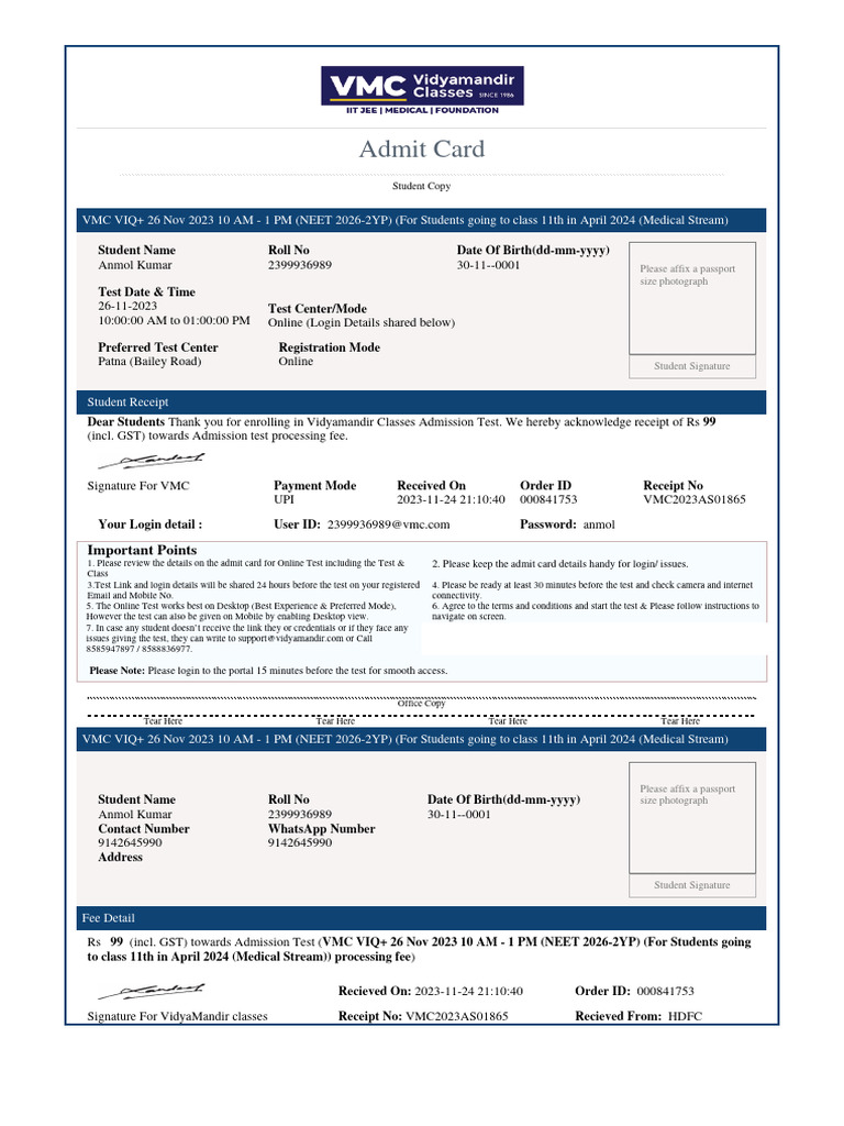 Admit Card: Important Points | PDF | Login | Cyberspace