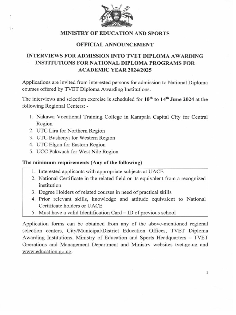 Official Announcement TVET 2024 Diploma Admissions | PDF