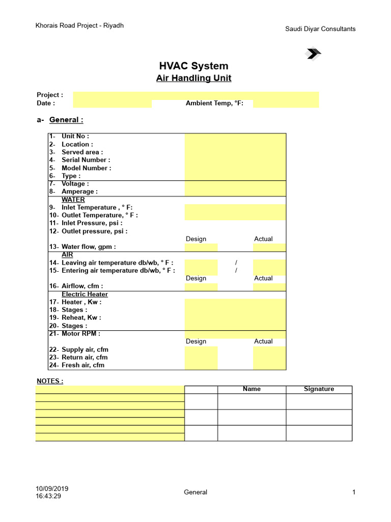 AHU Checklist | PDF | Duct (Flow) | Thermostat
