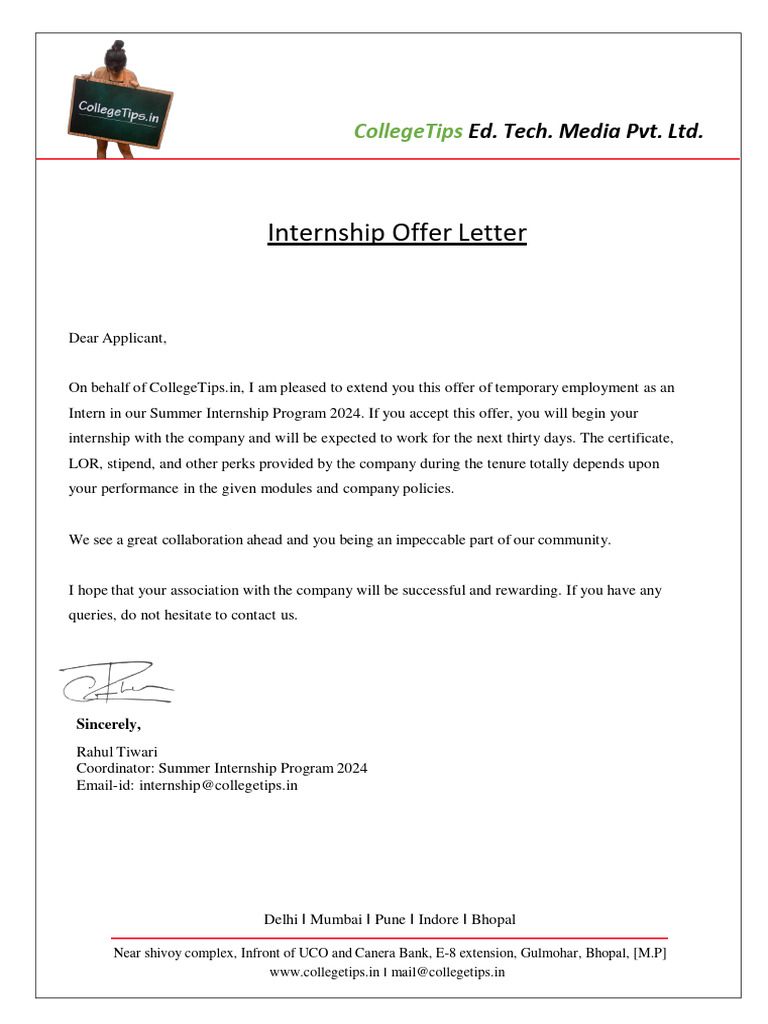 Offer Letter From CollegeTips - in - Summer Internship Program 2024 ...
