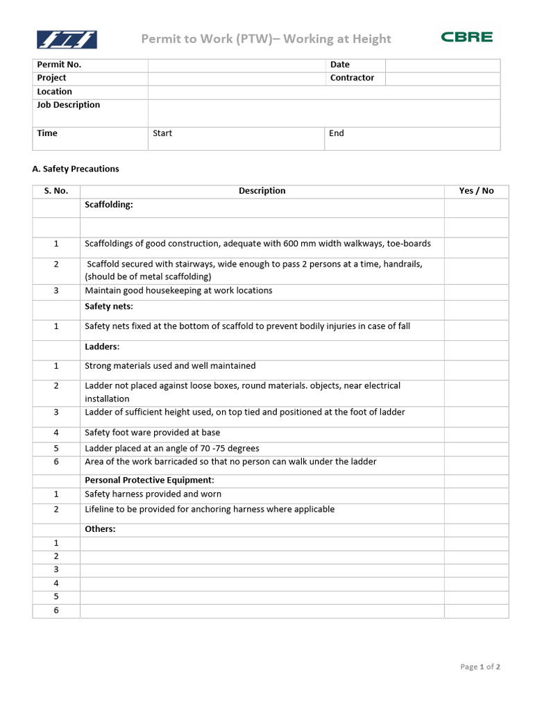 Permit To Work (PTW) - Working at Height: Page 1 of 2 | PDF ...