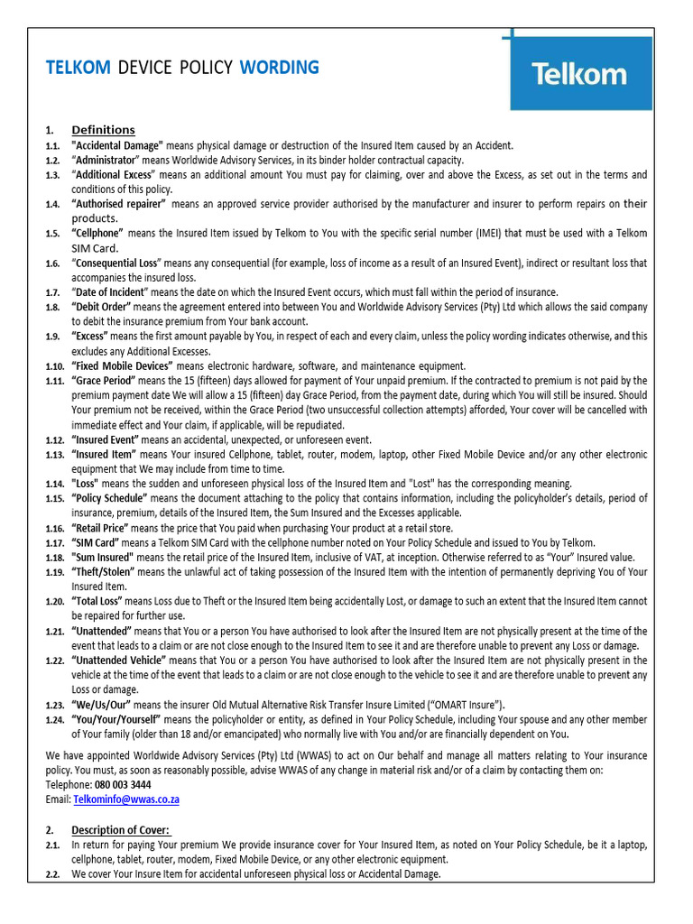 Telkom Device Insurance Wording 20240627 | PDF | Insurance | Mobile Phones
