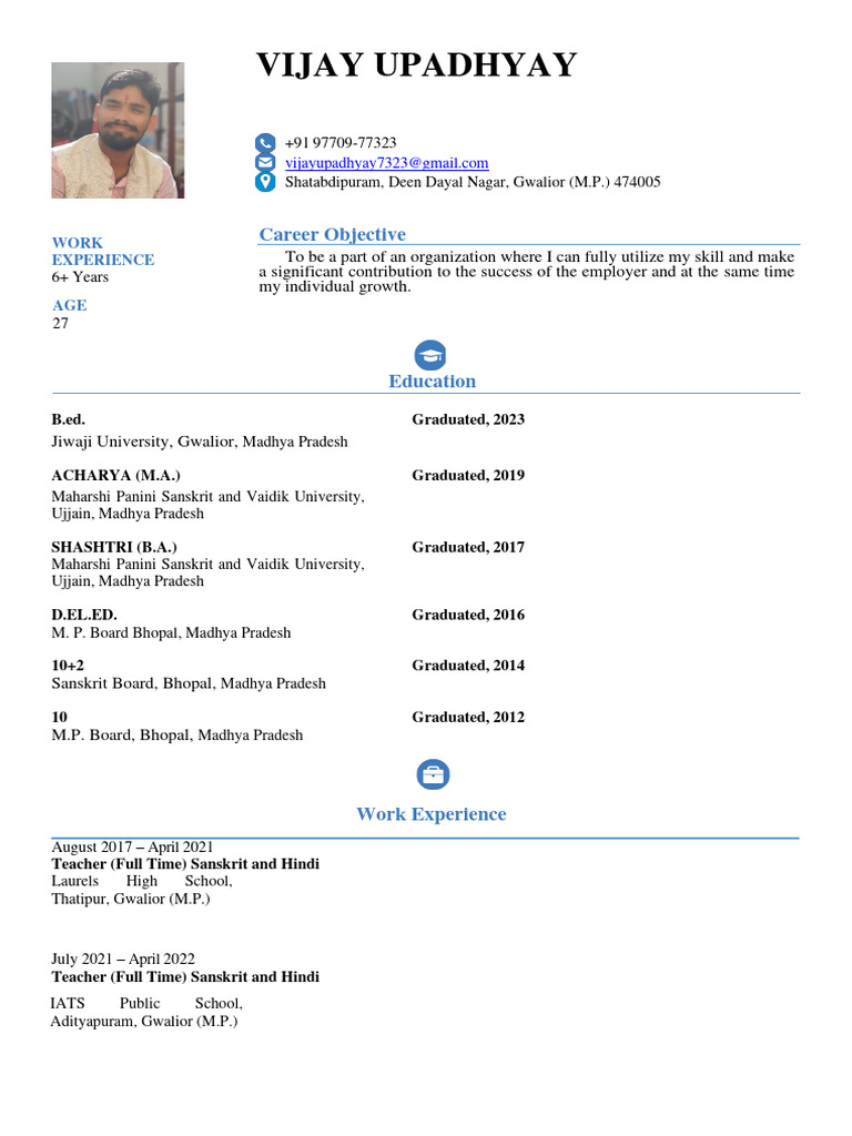 Vijay Upadhyay CV New | PDF | Languages Of India | Languages