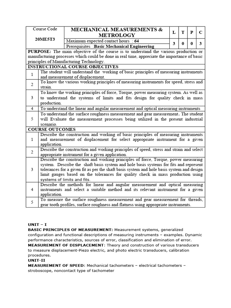 Mechanical Measurements & Metrology Syllabus | PDF | Interferometry | Measurement