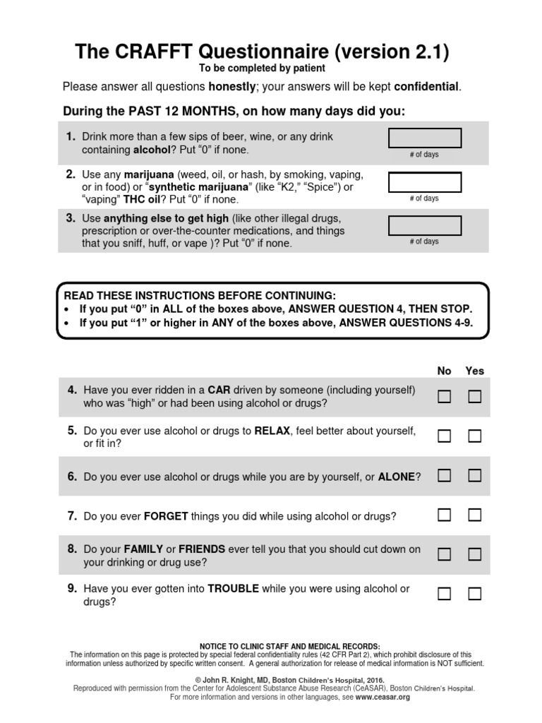 COMBINED CRAFFT 2.1 Self Admin - Clinician Interview - Risk Assess ...