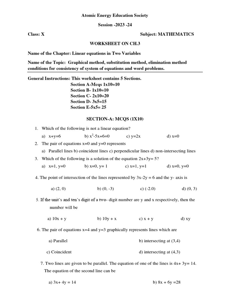 X Maths CH3 WS | PDF | Equations | System Of Linear Equations