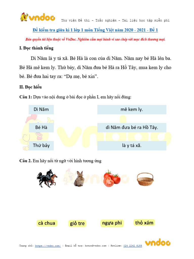 De Thi Giua Ki 1 Lop 1 Mon Tieng Viet Nam 2020 Sach Ket Noi de 1 | PDF