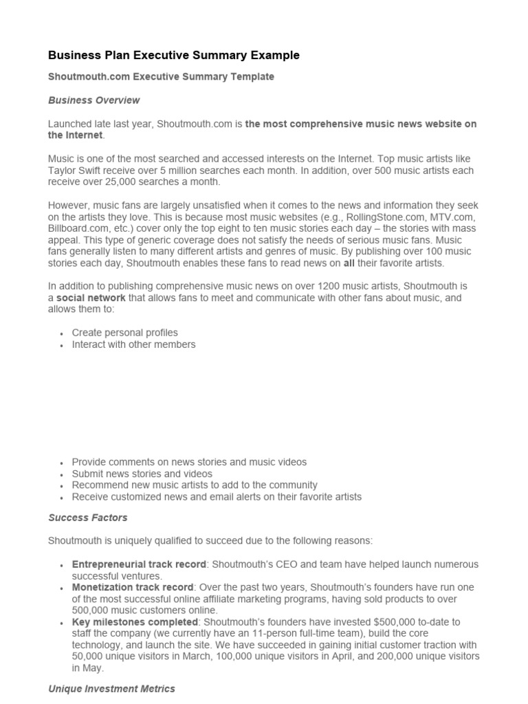 Business Plan Executive Summary Example 1 | PDF | Sales | Marketing