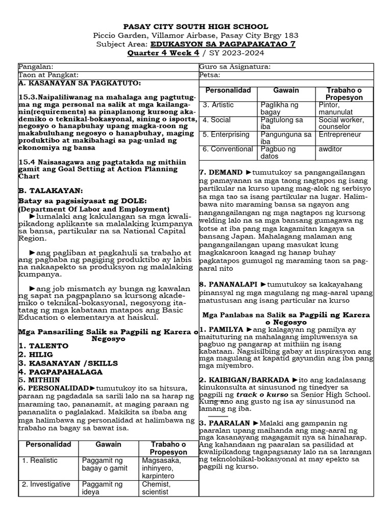 Esp 7 Worksheet Q4 W4 | PDF