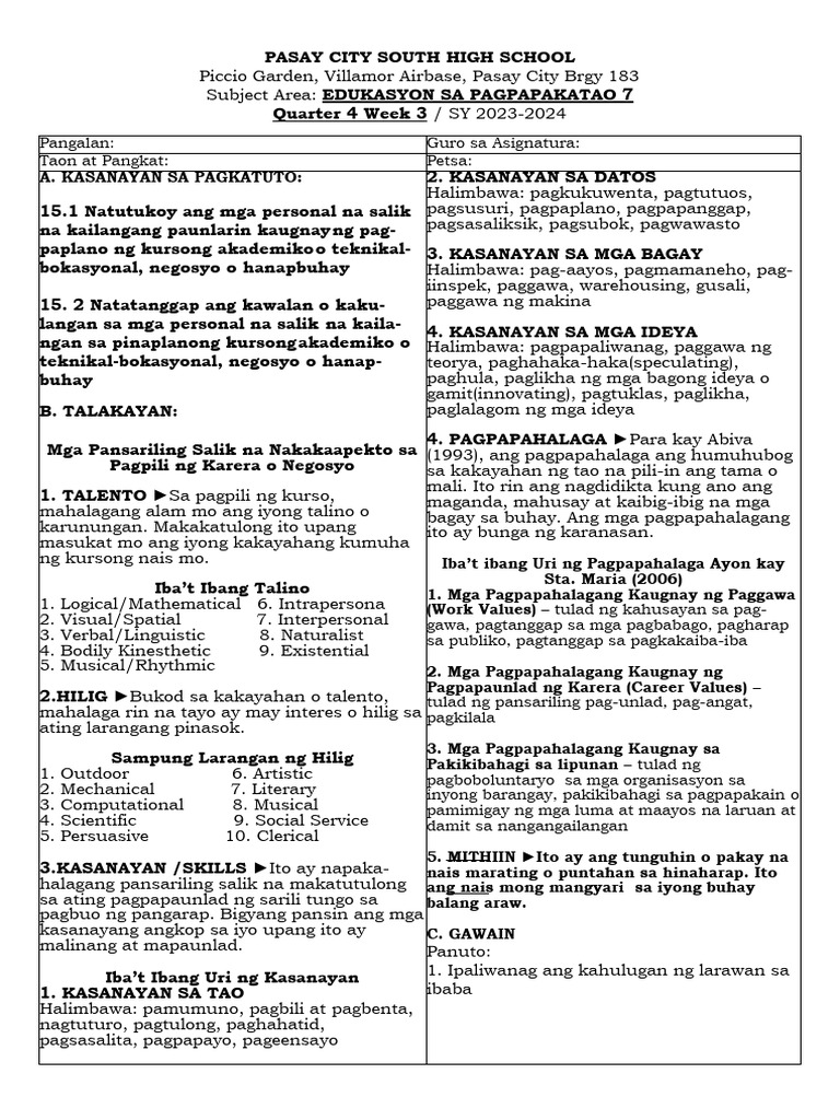 Esp 7 Worksheet Q4 W3 | PDF