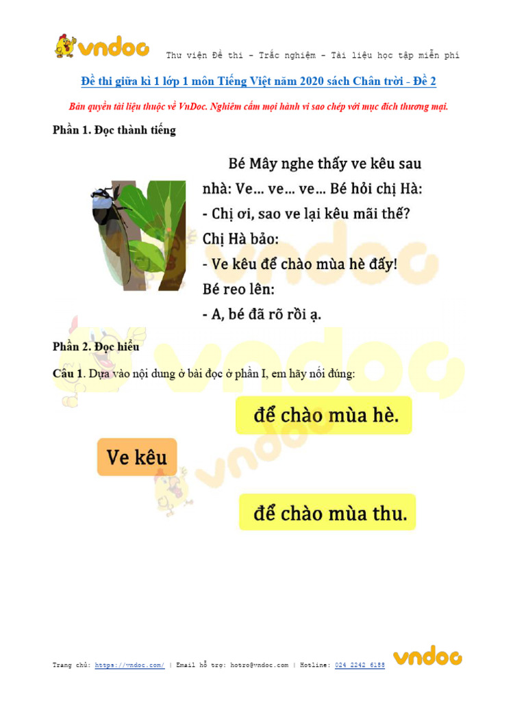 De Thi Giua Ki 1 Lop 1 Mon Tieng Viet Nam 2020 Sach Chan Troi de 2 | PDF