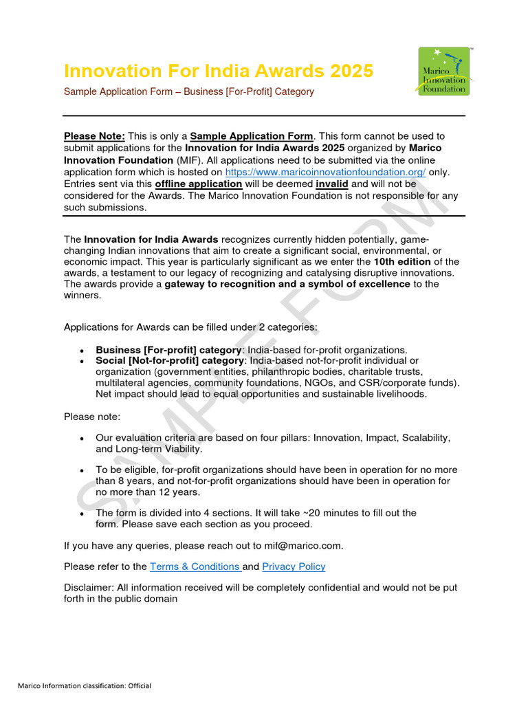 MIF - Innovation For India Awards - Sample Application Form For ...