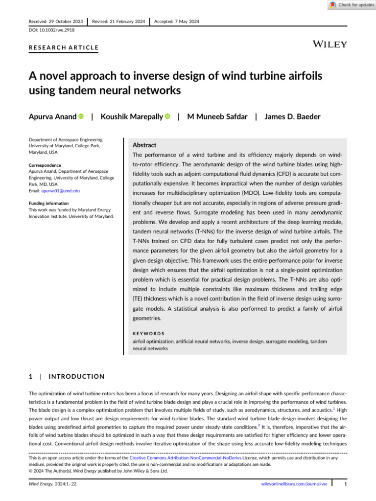 Wind Energy - 2024 - Anand - A Novel Approach To Inverse Design of Wind Turbine Airfoils Using ...