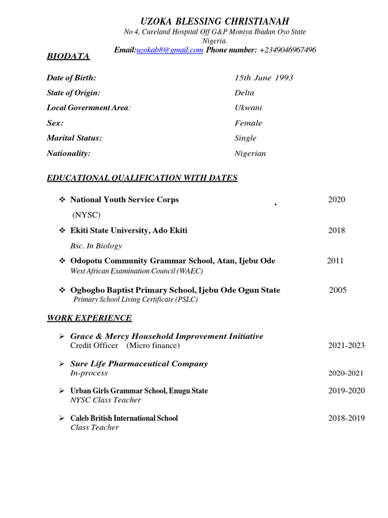 Uzoka Blessing Christianah CV | PDF | Wellness