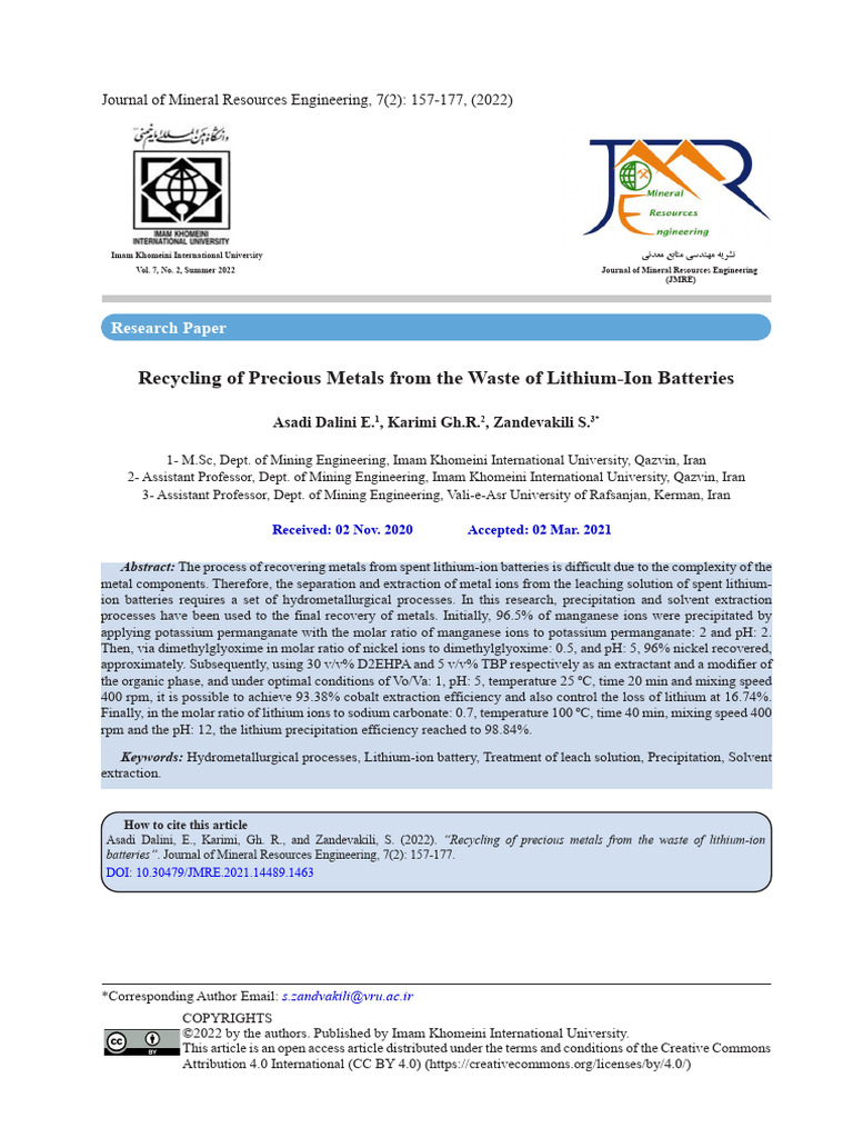 JMRE - Volume 7 - Issue 2 - Pages 157-177 | PDF | Lithium Ion Battery | Lithium