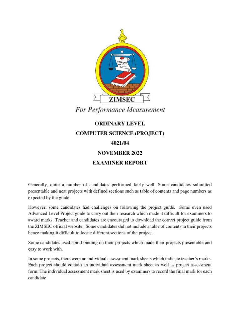 O Level Computer Science Project 402104 Examiners Report 2022 | PDF ...