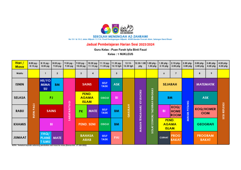 Jadwal Pembelajaran Kelas 1 Nukleus | PDF