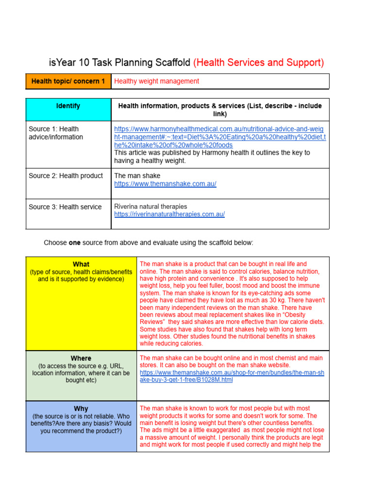 Year 10 Task Planning Scaffold (Health Services and Support) | PDF ...