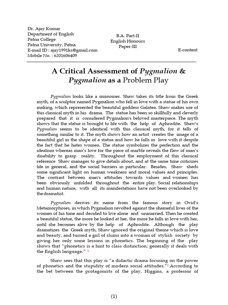 5 A Critical Assessment of Pygmalion | PDF | Pygmalion (Play) | A Doll ...