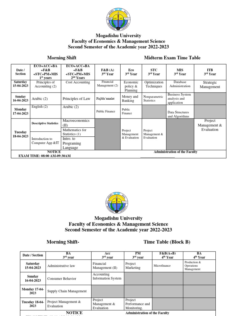 Update Midterm Exam Time Table 2022-2023 Second Semester FEMS | PDF | Economics | Accounting