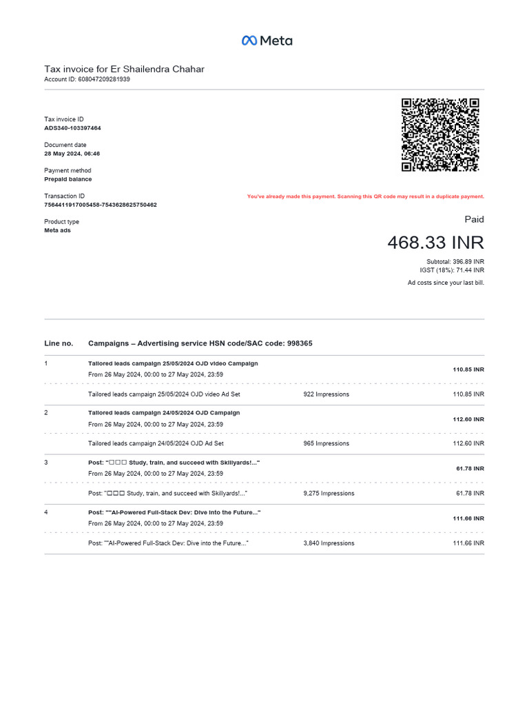Meta Ads Tax Invoice May 2024 | PDF | Government Finances | Payments