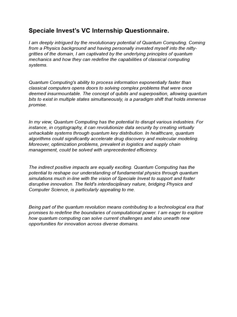 Speciale Invest VC Internship Questionnaire | PDF | Quantum Computing | Venture Capital