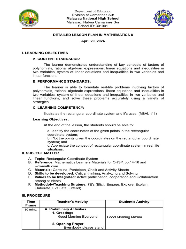 Maycee M. 7es Detailed Lesson Plan | PDF | Cartesian Coordinate System ...