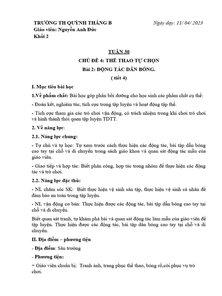 GIÁO ÁN GDTC LỚP 2. TUẦN 30 | PDF