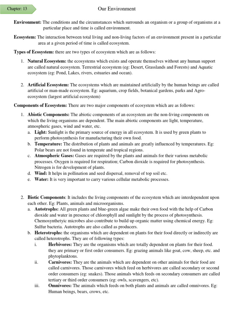Class X CH 13-Our Environment Notes | PDF | Ozone Depletion | Ecosystem
