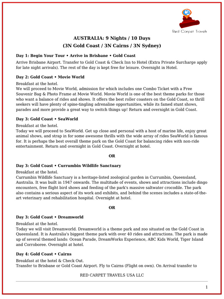 AUSTRALIA 9 Nights 10 Days (3N Gold Coast 3N Cairns 3N Sydney) | PDF ...