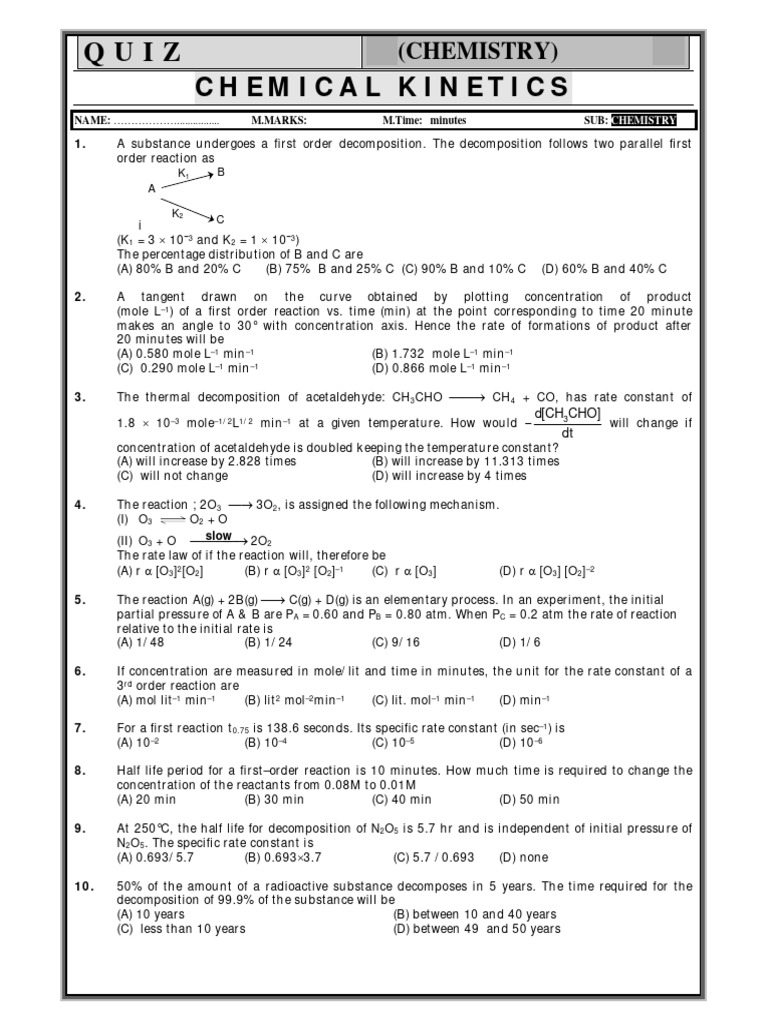 Quiz-Chemical Kinetics-Snd - SJ | PDF | Reaction Rate | Activation Energy