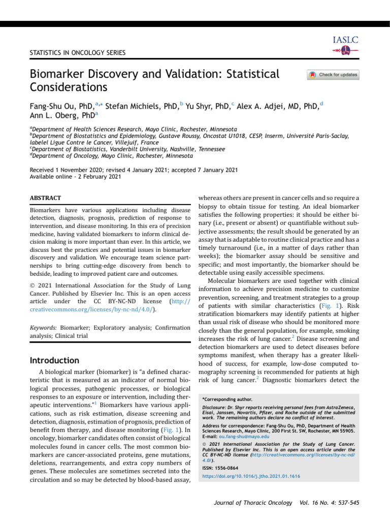 Ou - Stats Oncol - 2021 - Biomarker Validation | PDF | Biomarker | Biomarker (Medicine)