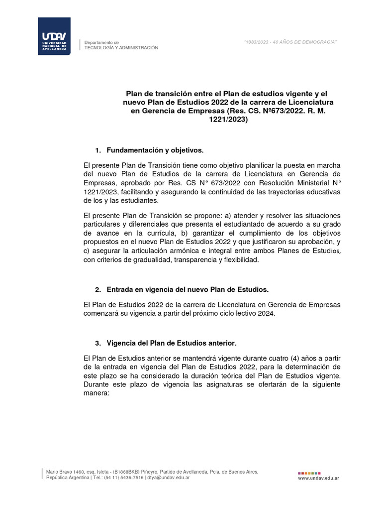 Plan De Transición Entre El Plan De Estudios Vigente Y El Nuevo Plan De