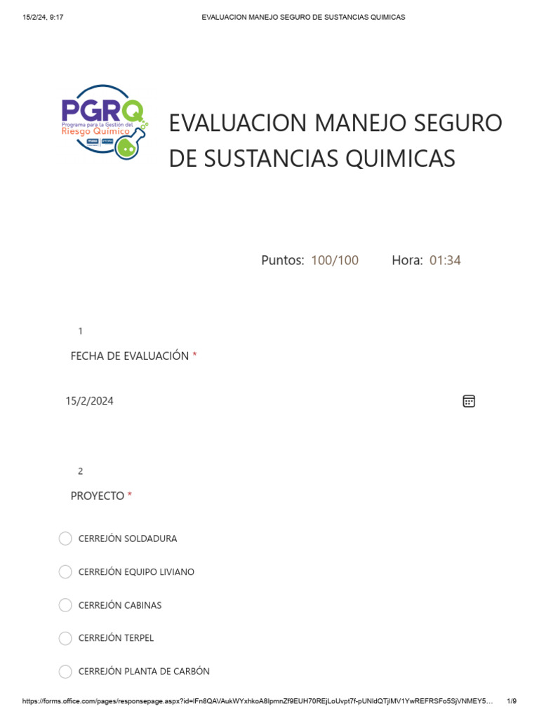 100 Evaluacion Manejo Seguro de Sustancias Quimicas | PDF | Sustancias químicas | Microsoft