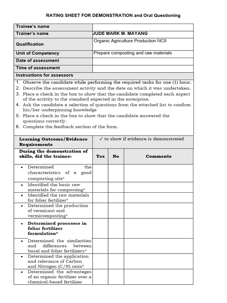 Mayang, JM M. Rating Sheet For Demonstration and Oral Questioning | PDF ...