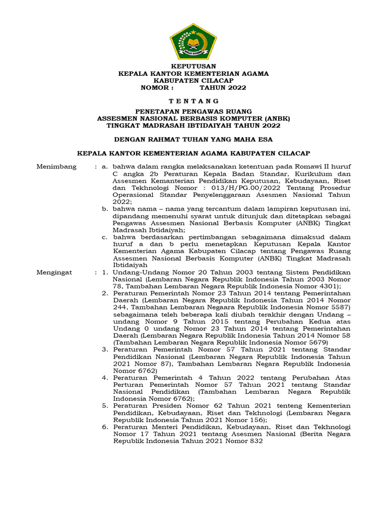 Format SK Pengawas Ruang ANBK MI | PDF