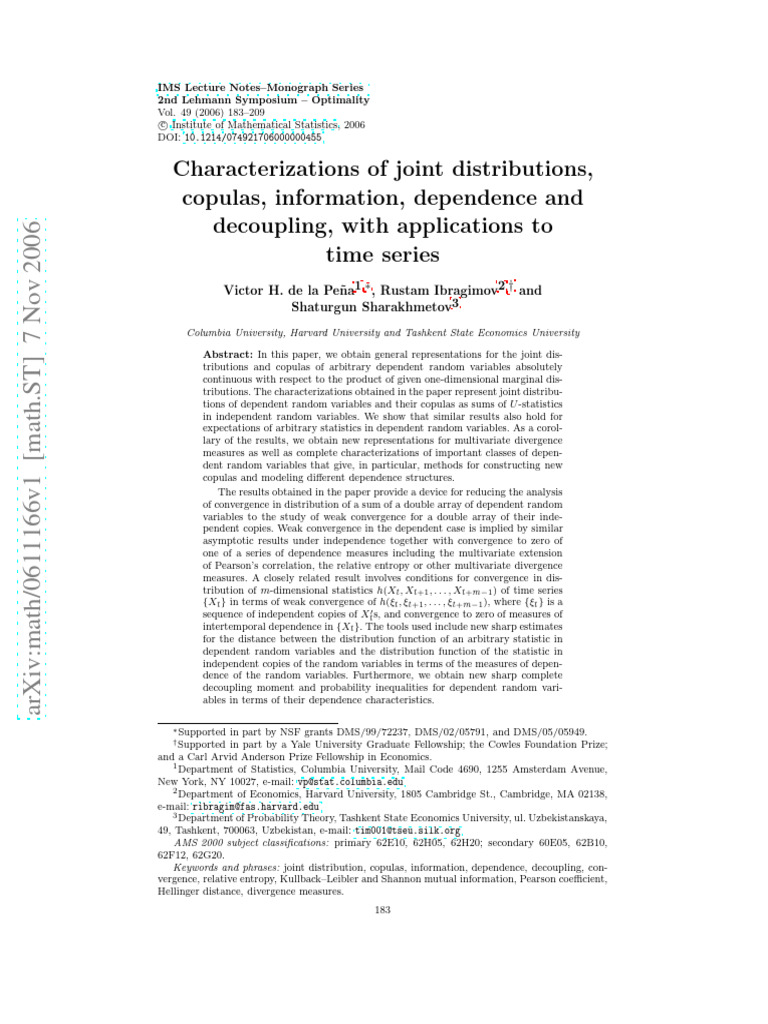 Characterizations of Joint Distributions, Copulas, Information ...