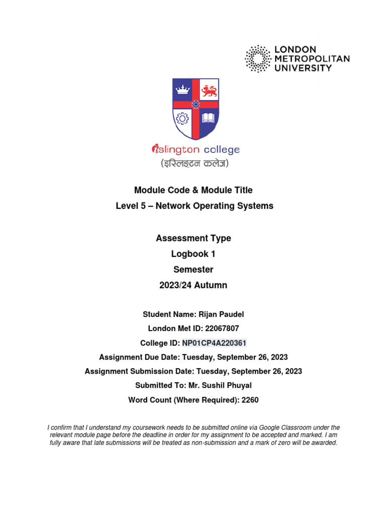 Network Operating System Logbook 1 Islington College | PDF | Network ...