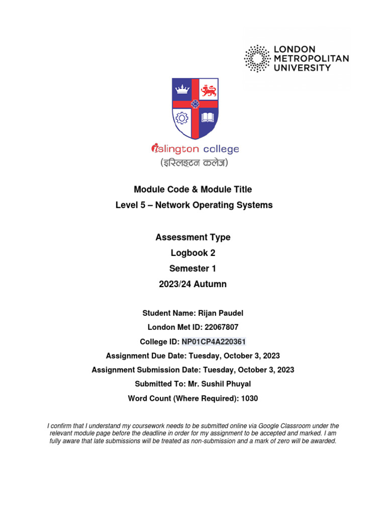 Network Operating System Logbook 2 Islington College | PDF | Virtualization | Operating System