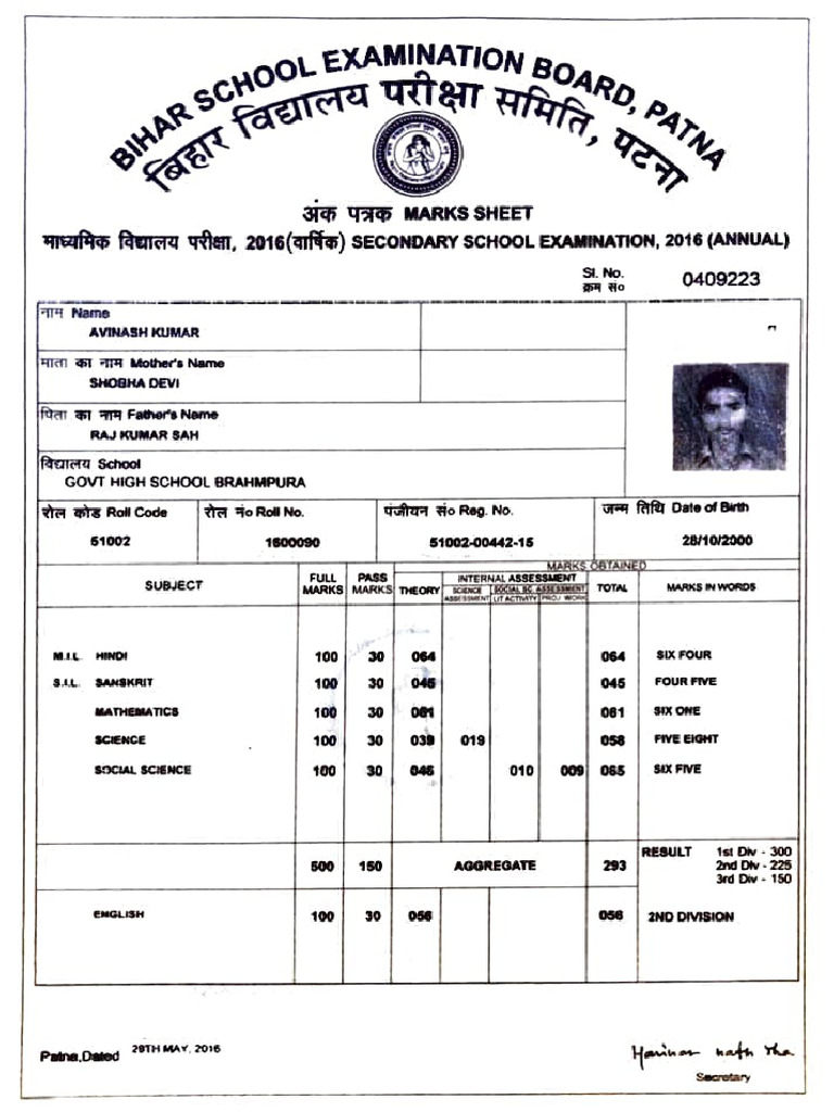 Avinash Matric Marksheet | PDF