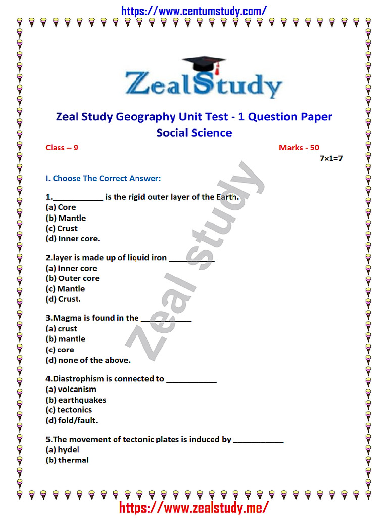 Zeal Study 9th Standard Social Science Geography Unit Test 1 Question | PDF