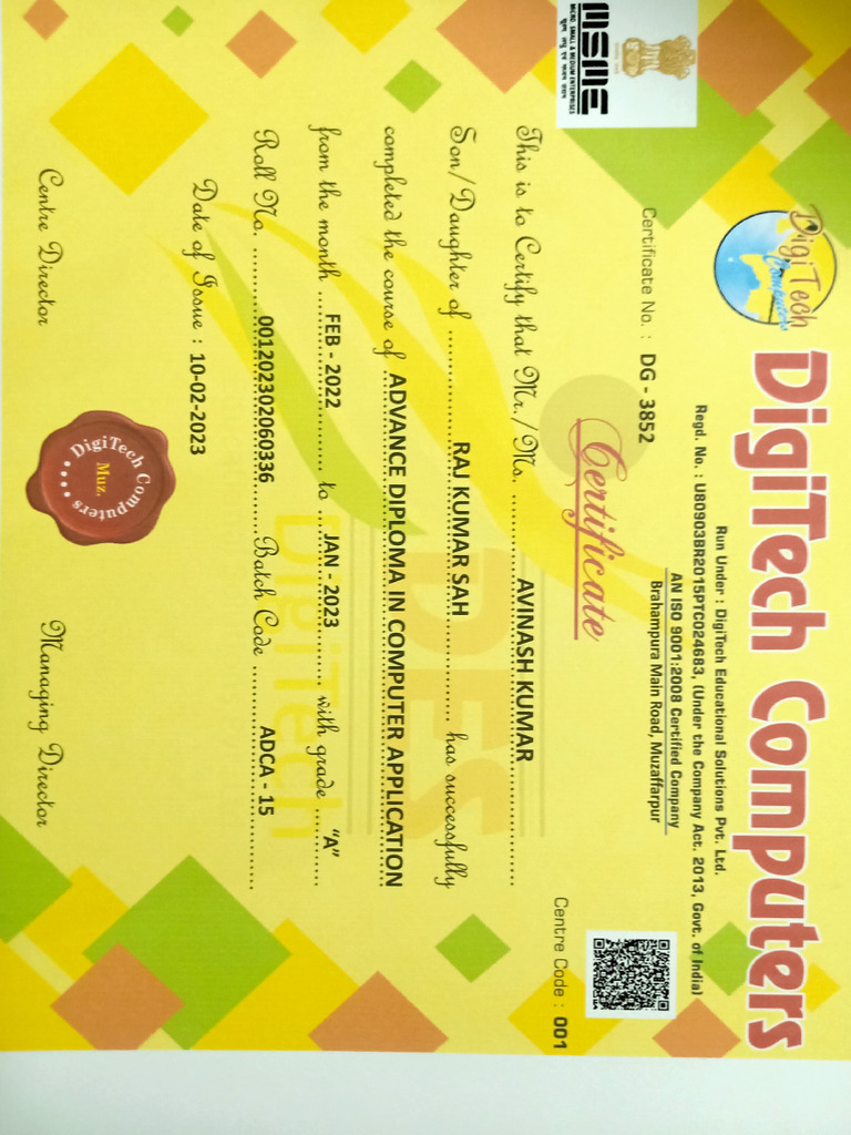 ADCA CERTIFICATE AVINASH (1) | PDF