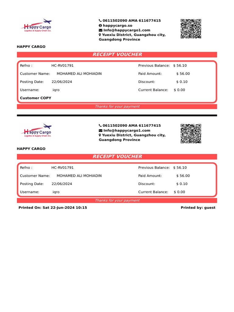 Happy Cargo Receipt Voucher HC-RV01791 | PDF