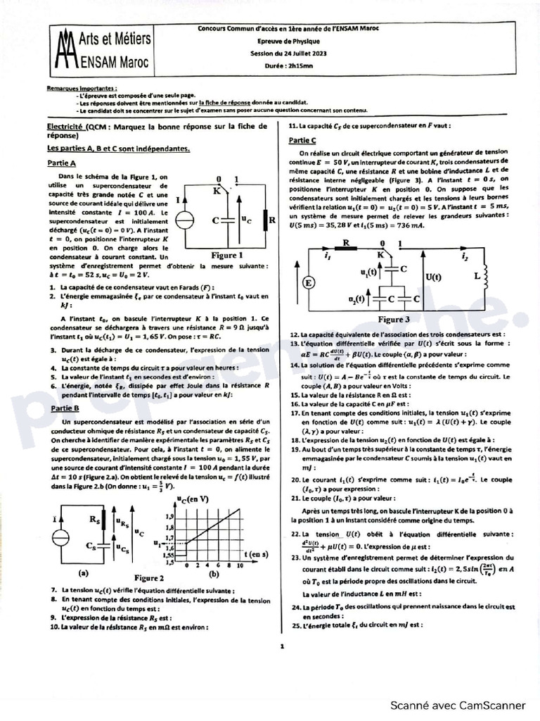 Exemple Concours ENSAM 2023 Physique | PDF