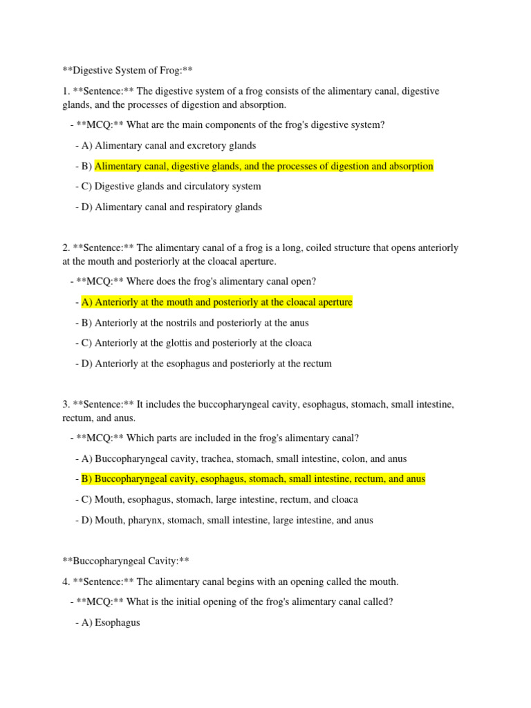 MCQS IN DIGESTIVE SYSTEM OF FROG | PDF | Pancreas | Stomach