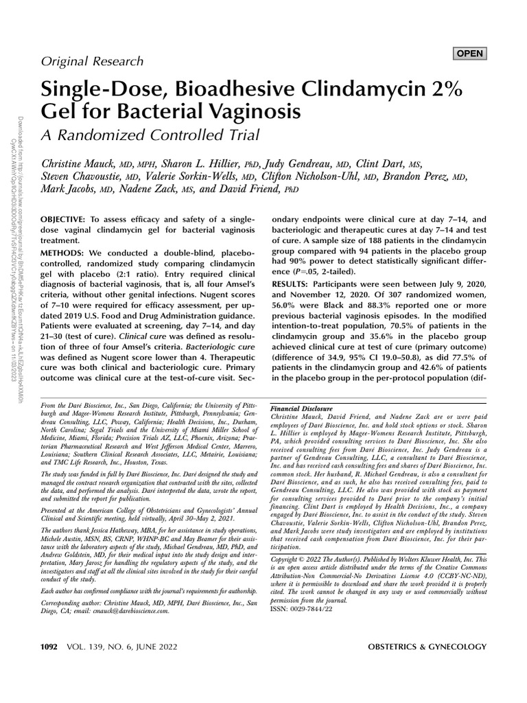 Single-Dose, Bioadhesive Clindamycin 2% Gel For Bacterial Vaginosis A ...